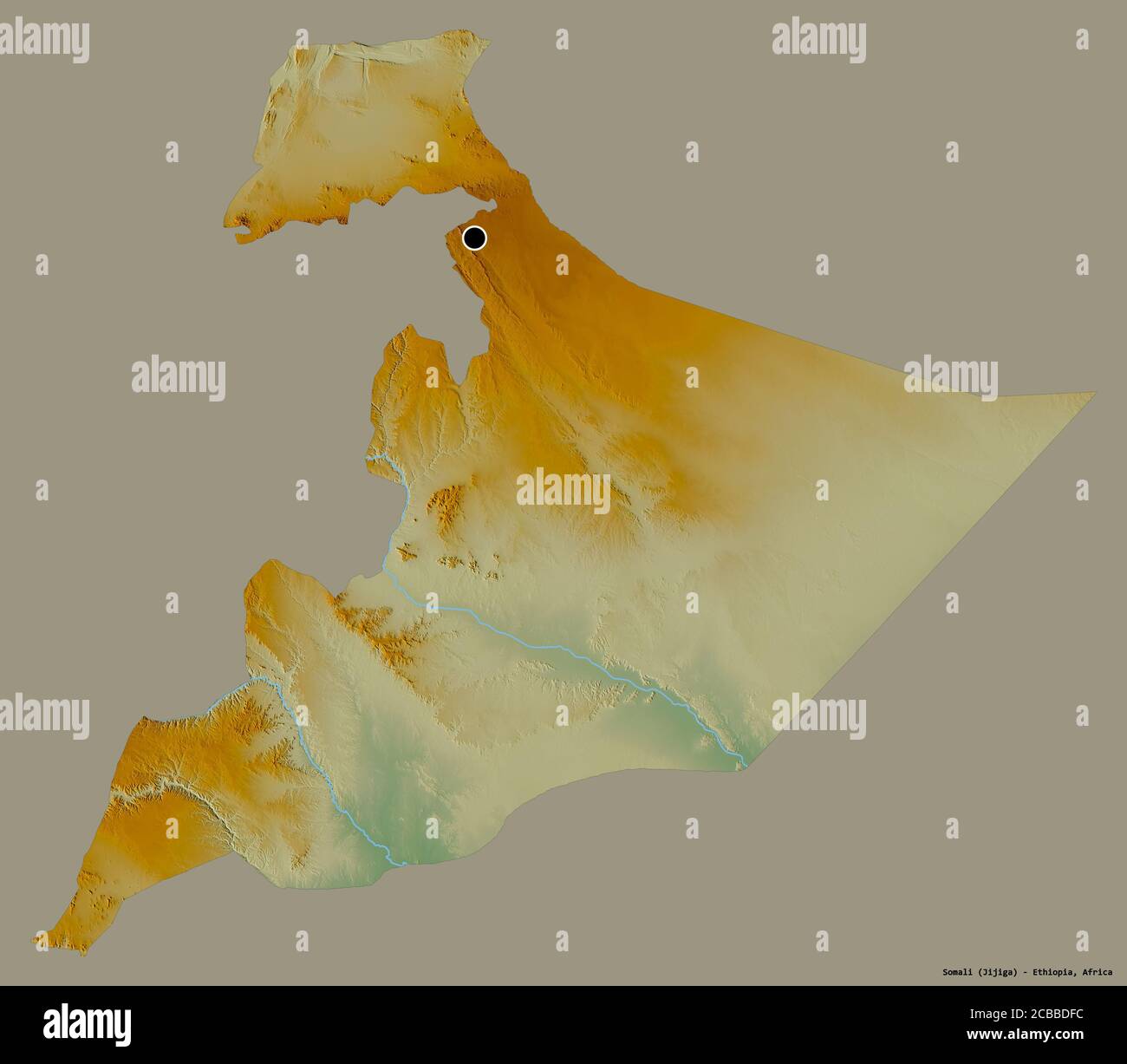 Shape of Somali, state of Ethiopia, with its capital isolated on a ...