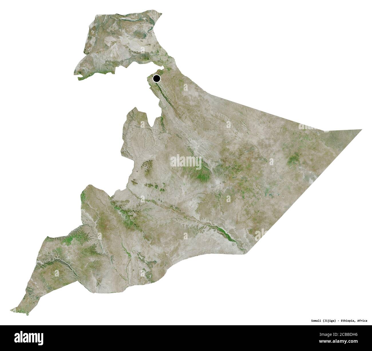Shape of Somali, state of Ethiopia, with its capital isolated on white ...