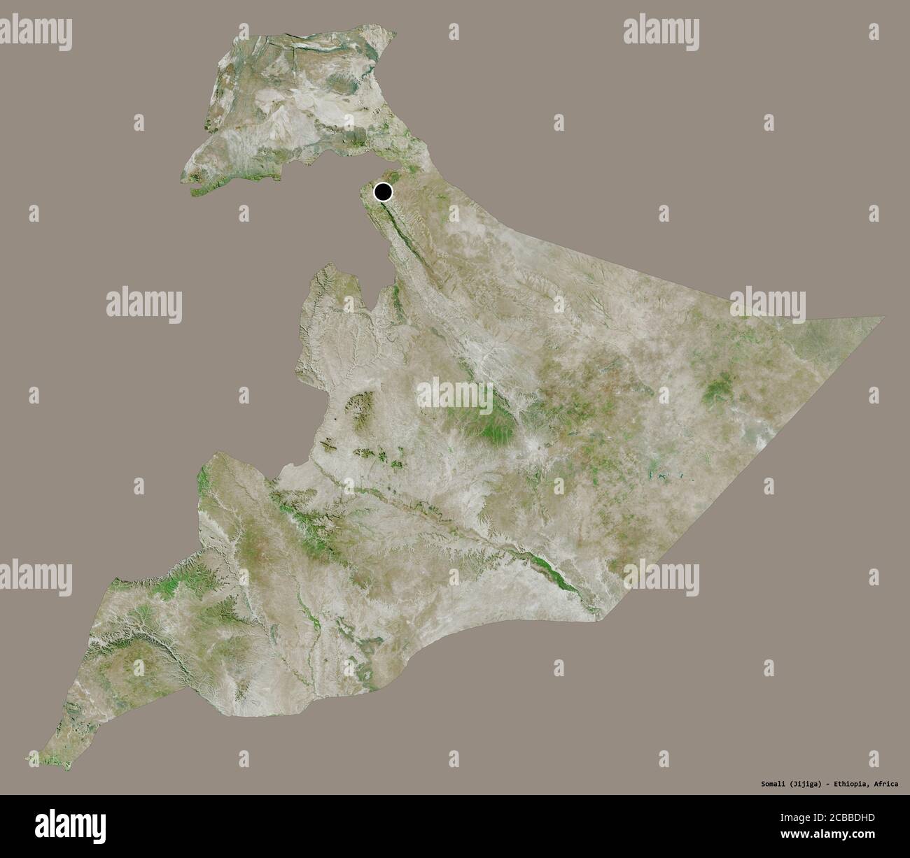 Shape of Somali, state of Ethiopia, with its capital isolated on a ...