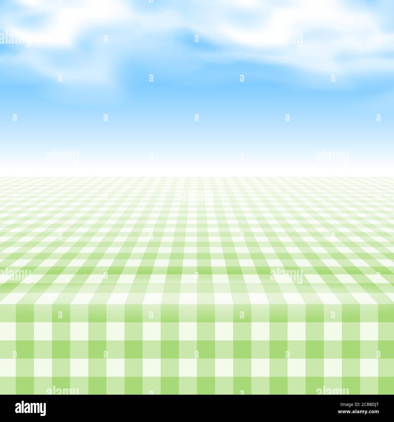 Empty picnic table, covered with checkered gingham tablecloth. Clear ...