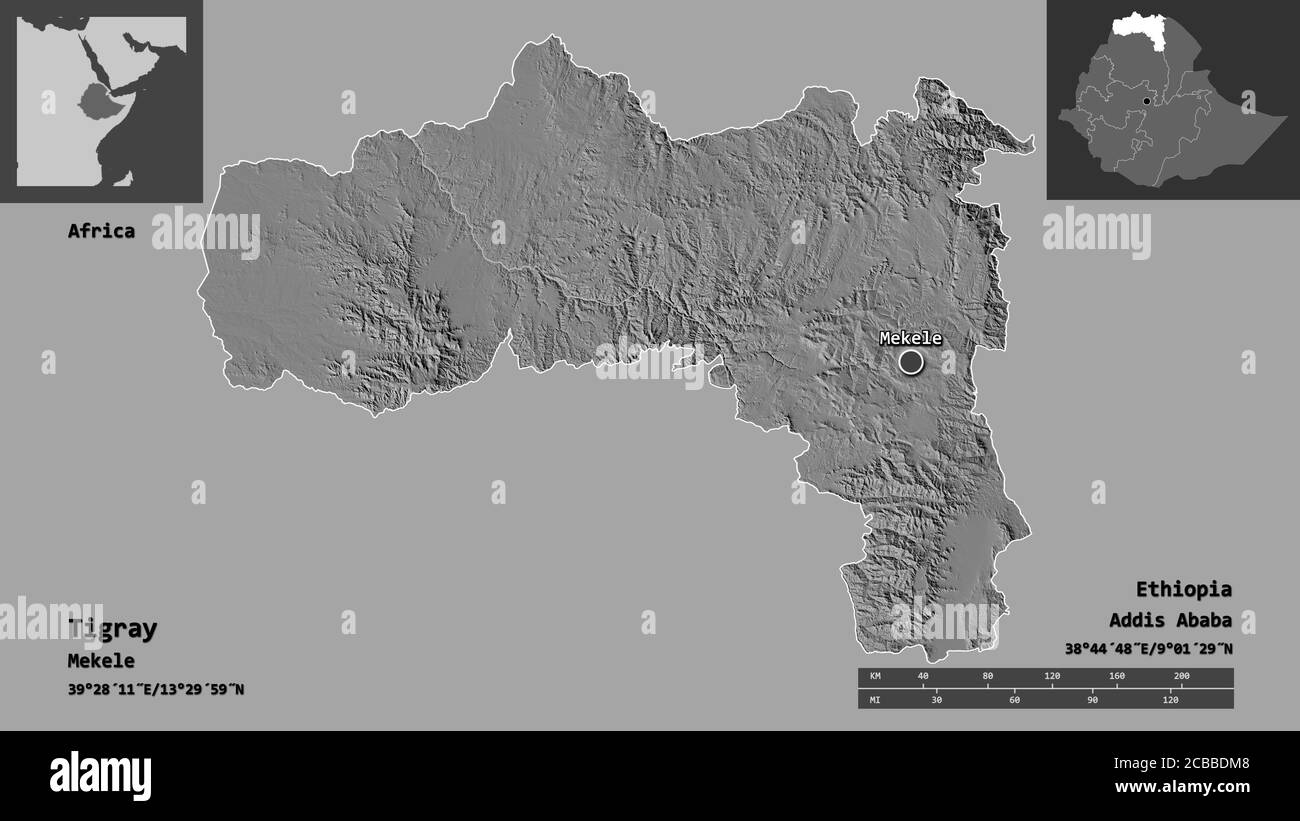 Shape of Tigray, state of Ethiopia, and its capital. Distance scale ...