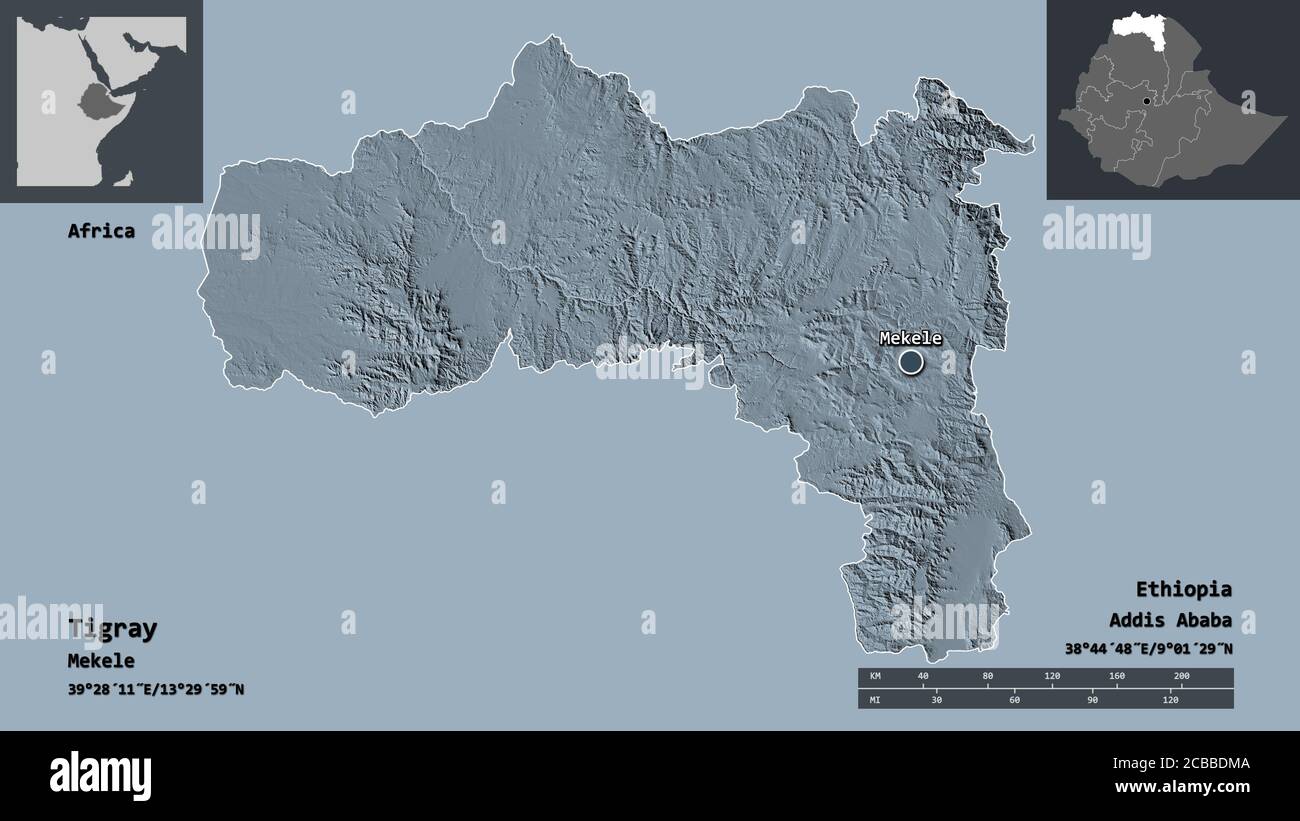 Shape of Tigray, state of Ethiopia, and its capital. Distance scale ...
