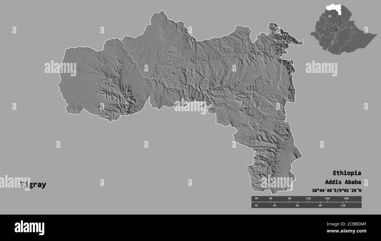 Shape of Tigray, state of Ethiopia, with its capital isolated on solid ...