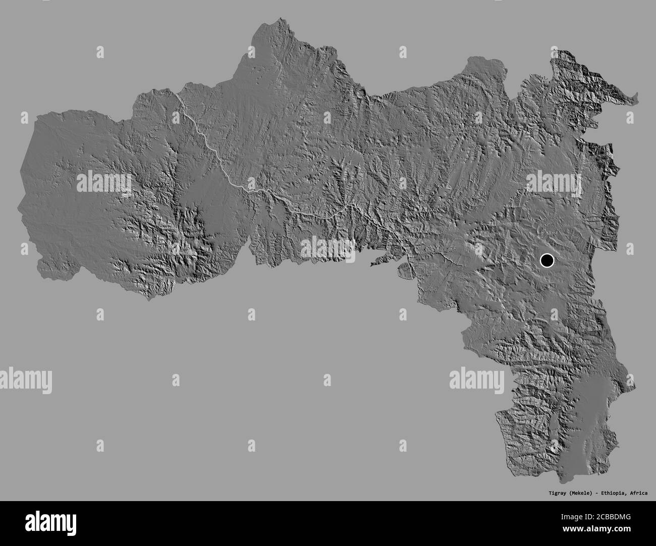 Shape of Tigray, state of Ethiopia, with its capital isolated on a ...