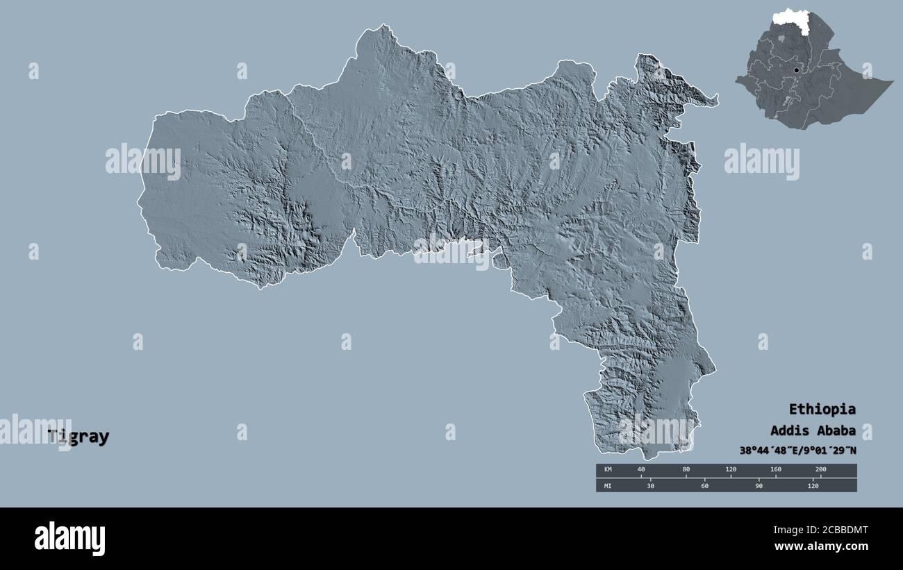 Shape of Tigray, state of Ethiopia, with its capital isolated on solid ...