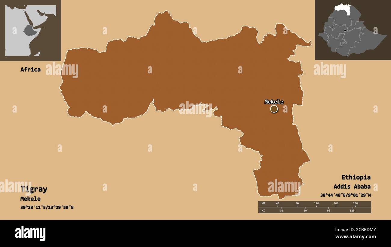 Shape of Tigray, state of Ethiopia, and its capital. Distance scale ...