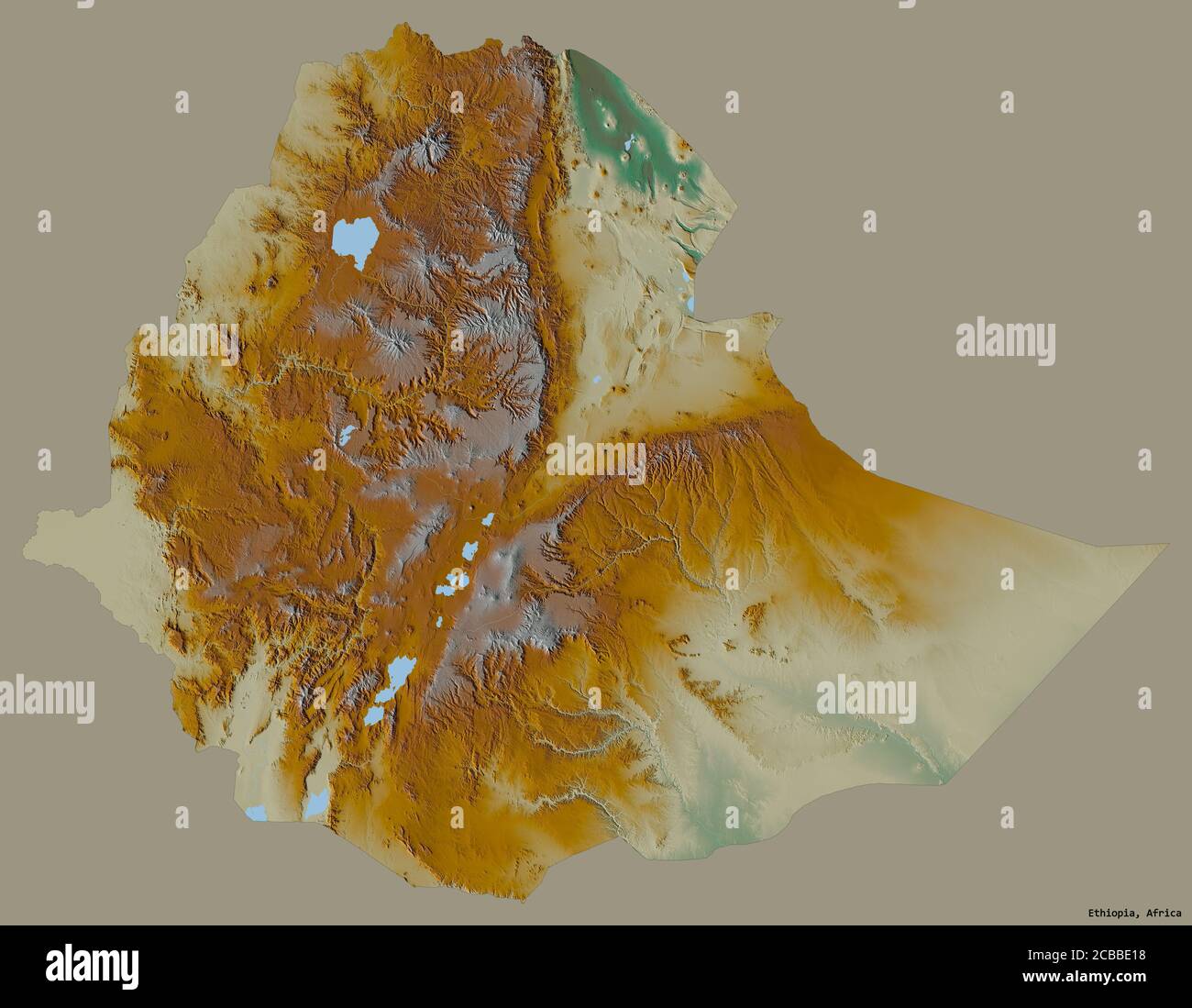 Shape of Ethiopia with its capital isolated on a solid color background ...