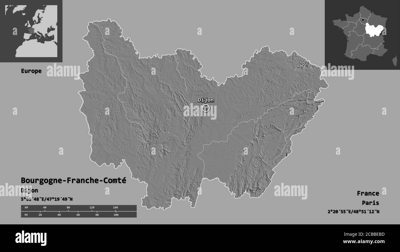 Shape of Bourgogne-Franche-Comté, region of France, and its capital ...