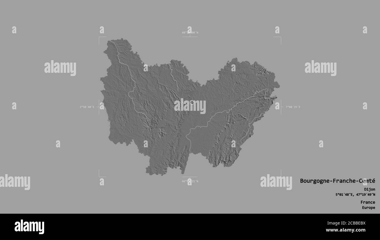Area of Bourgogne-Franche-Comté, region of France, isolated on a solid ...
