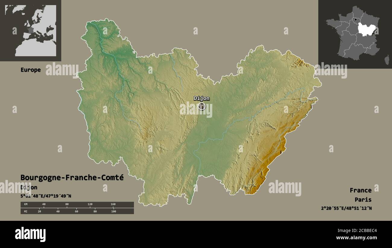 Shape of Bourgogne-Franche-Comté, region of France, and its capital ...