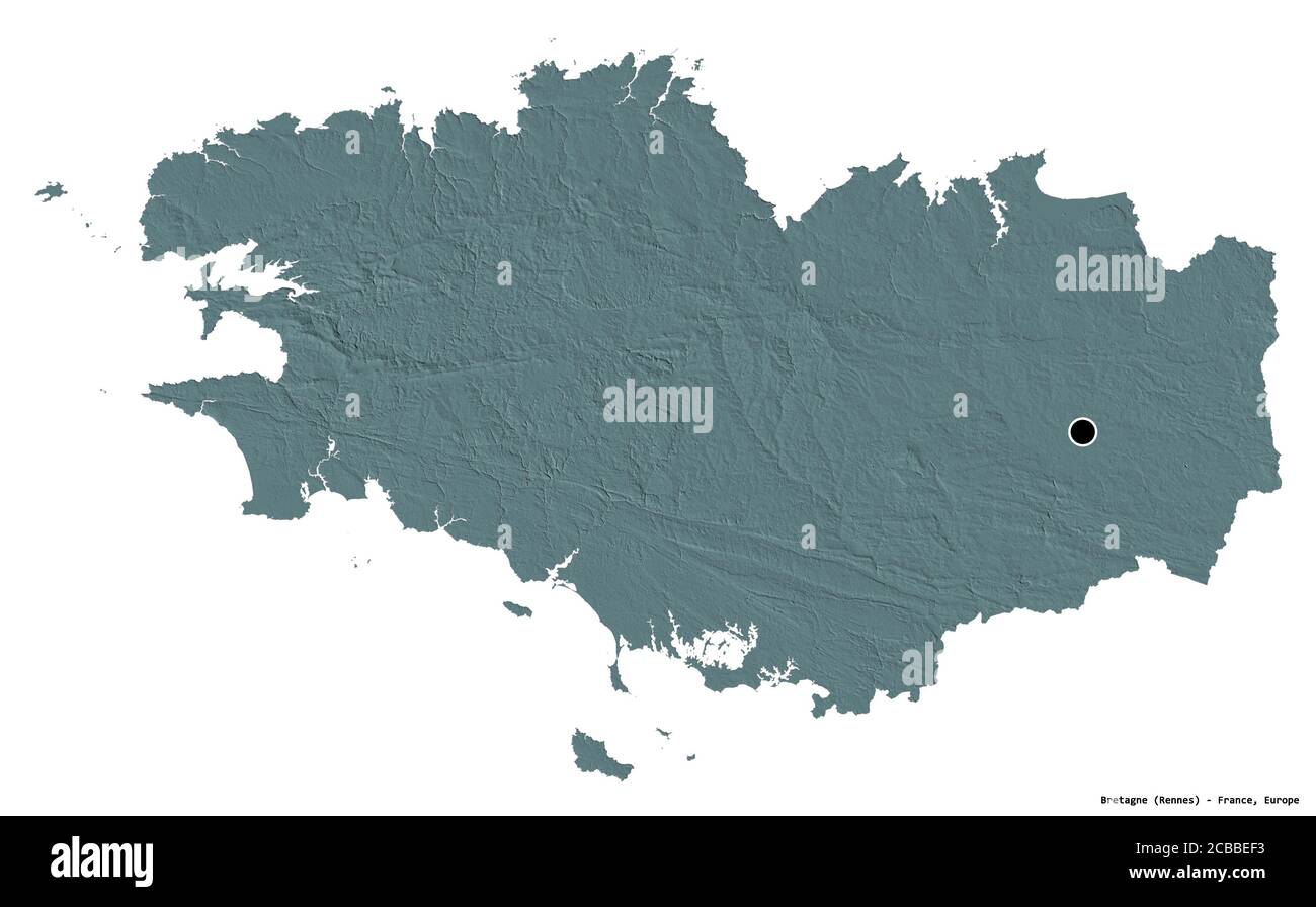 Shape of Bretagne, region of France, with its capital isolated on white ...