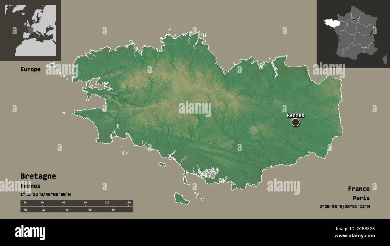 Shape of Bretagne, region of France, and its capital. Distance scale ...