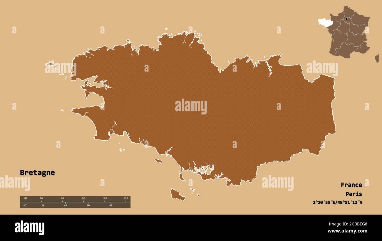 Shape of Bretagne, region of France, with its capital isolated on solid ...