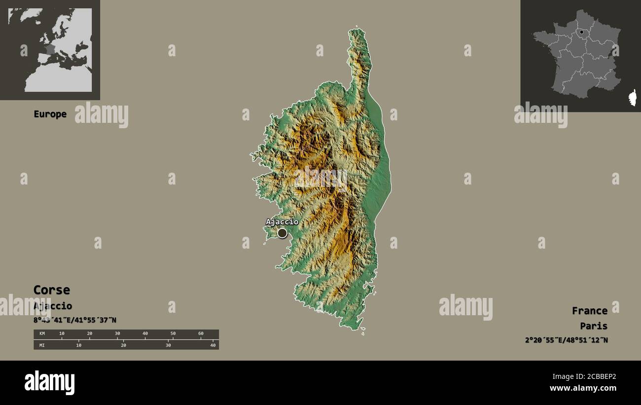 Shape of Corse, region of France, and its capital. Distance scale ...