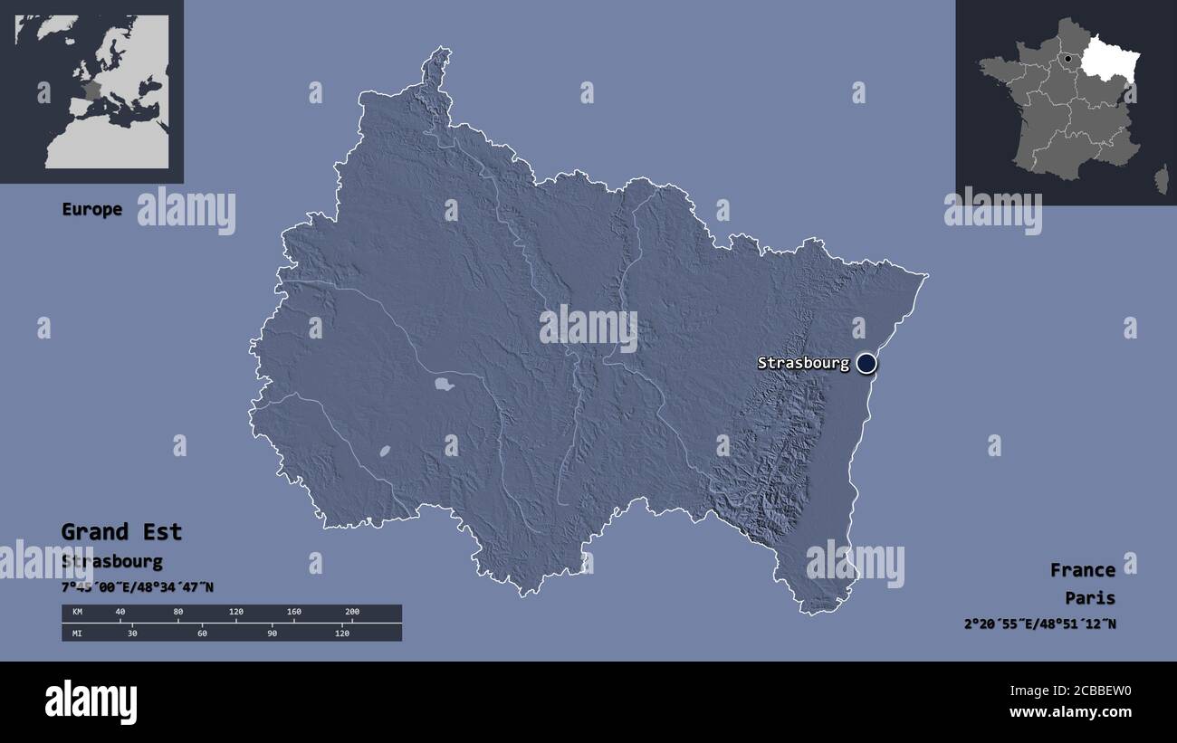 Shape of Grand Est, region of France, and its capital. Distance scale ...