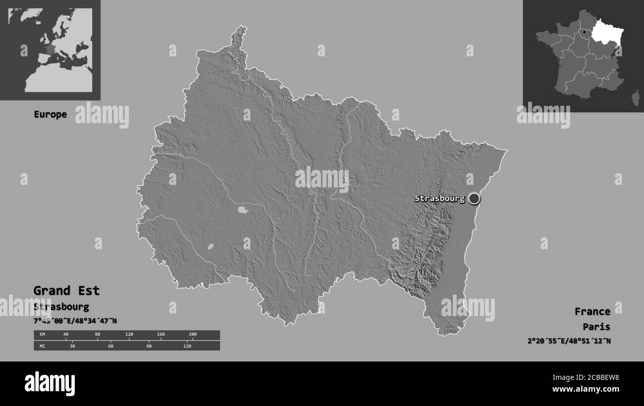 Shape of Grand Est, region of France, and its capital. Distance scale ...