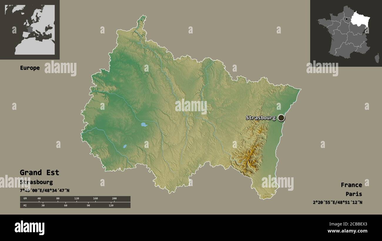 Shape of Grand Est, region of France, and its capital. Distance scale ...