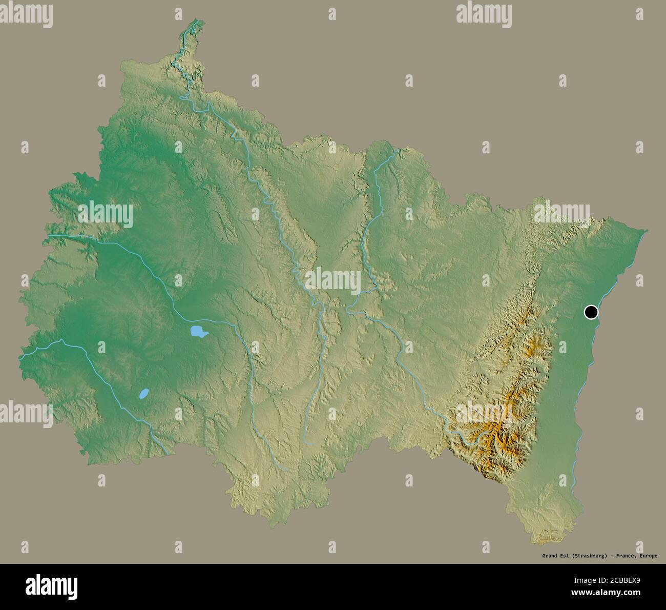 Shape of Grand Est, region of France, with its capital isolated on a ...