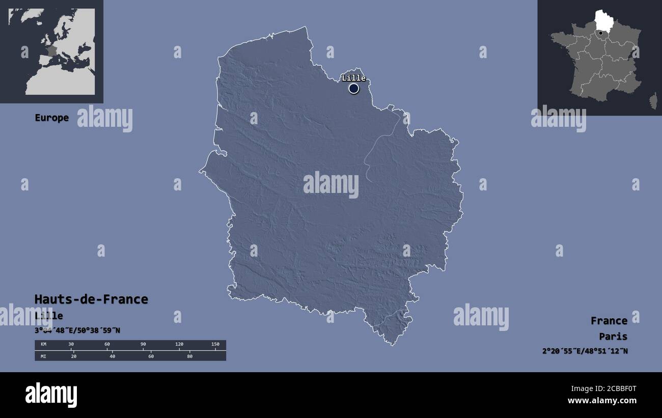 Shape of Hauts-de-France, region of France, and its capital. Distance ...