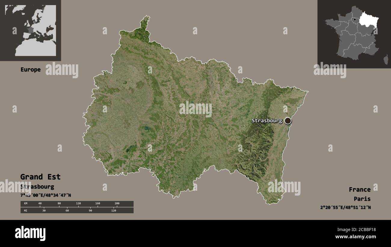 Shape of Grand Est, region of France, and its capital. Distance scale ...