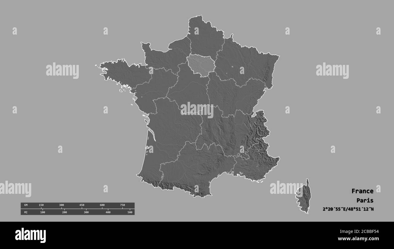 Desaturated shape of France with its capital, main regional division ...