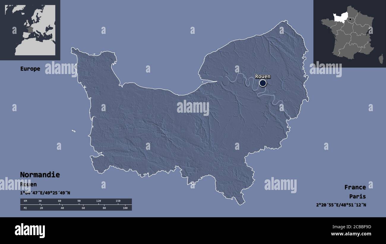 Shape of Normandie, region of France, and its capital. Distance scale ...
