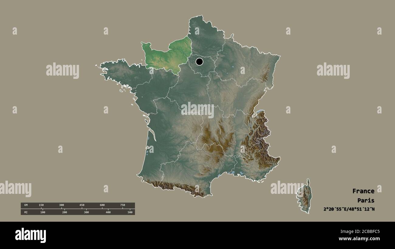 Desaturated shape of France with its capital, main regional division ...