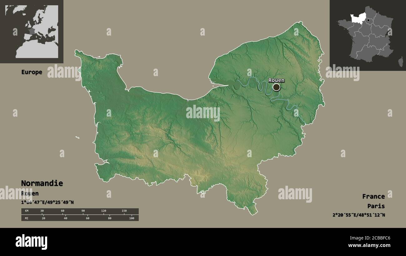 Shape of Normandie, region of France, and its capital. Distance scale ...