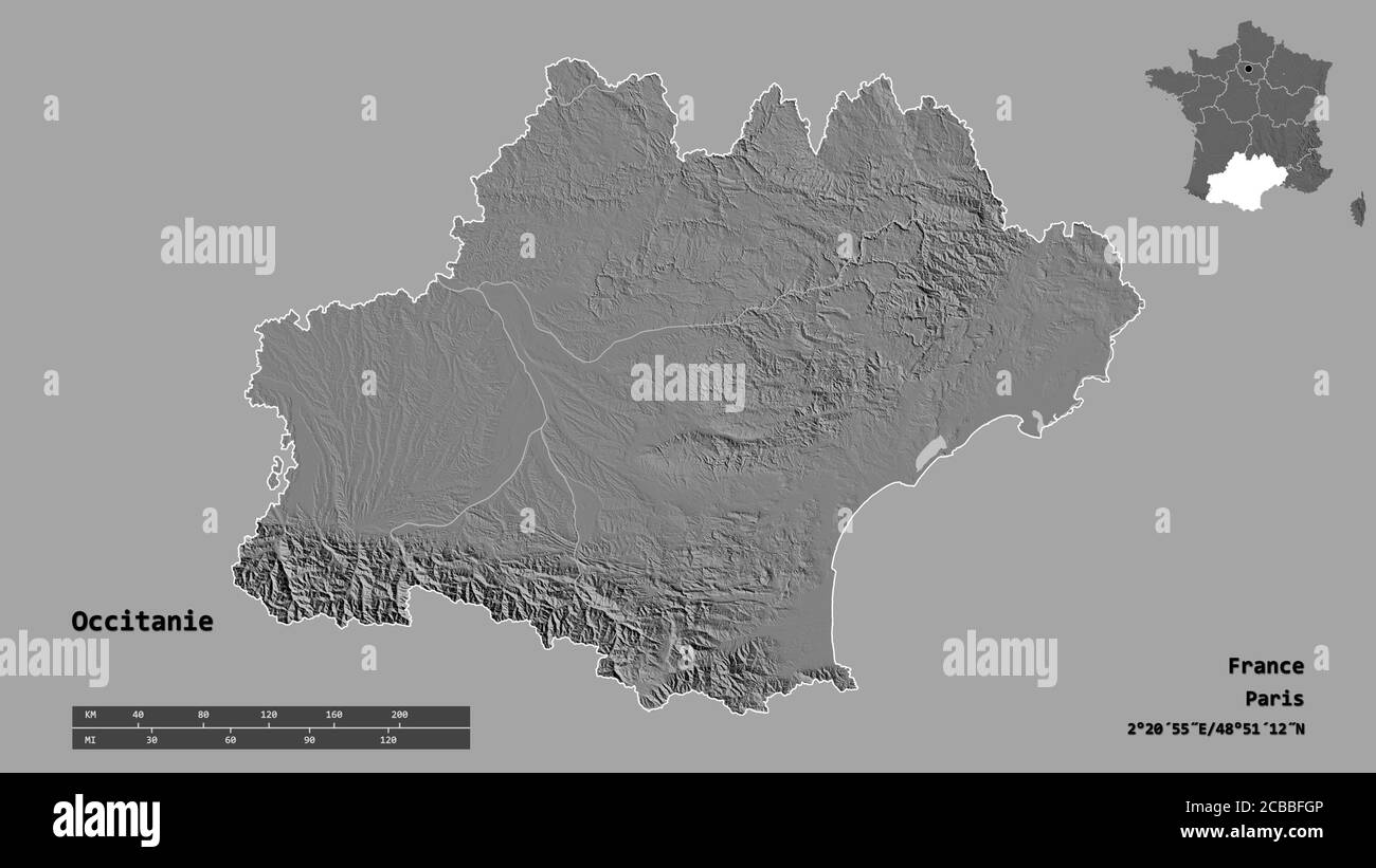 Shape of Occitanie, region of France, with its capital isolated on ...