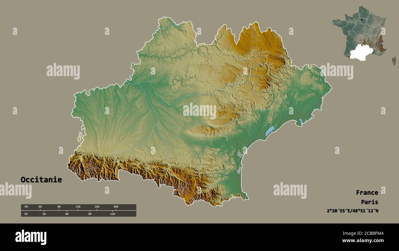 Shape of Occitanie, region of France, with its capital isolated on ...
