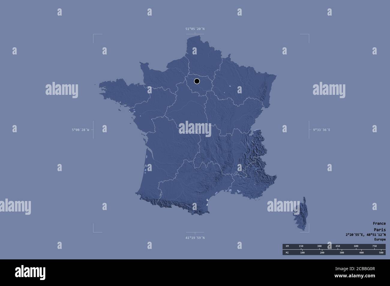 Area of France isolated on a solid background in a georeferenced ...