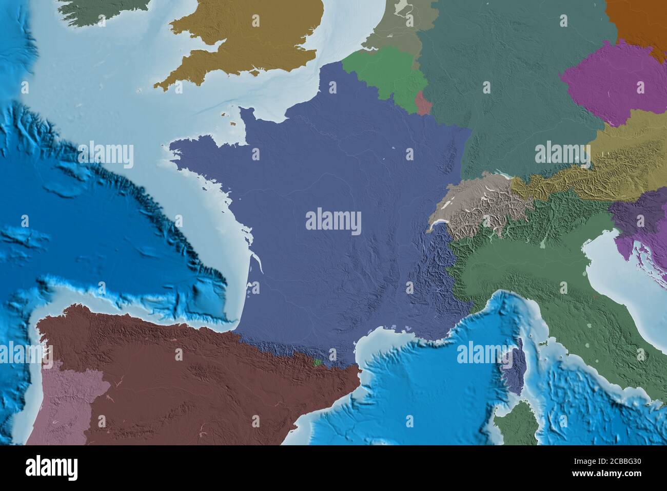Extended area of France. Colored elevation map. 3D rendering Stock ...