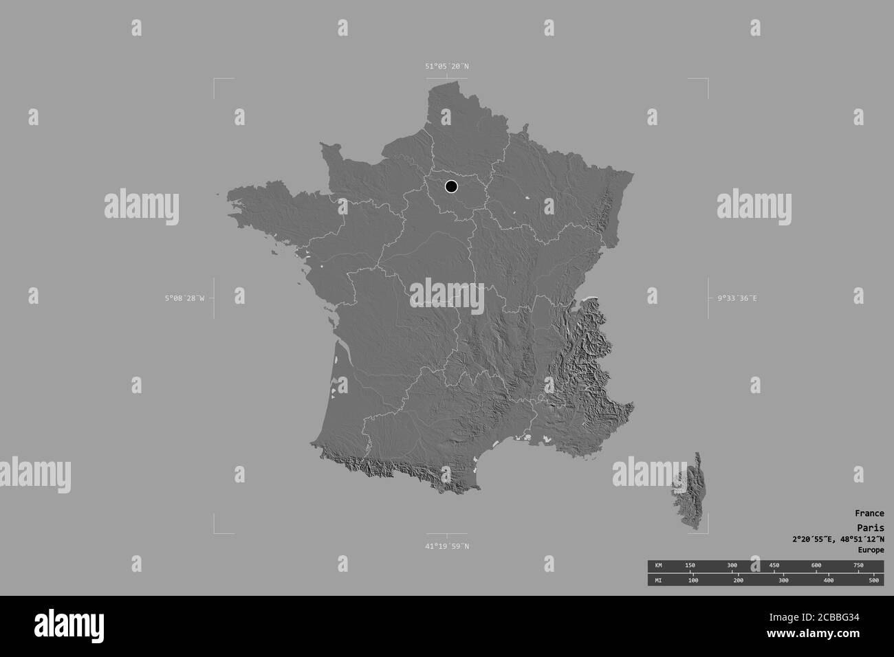 Area of France isolated on a solid background in a georeferenced ...