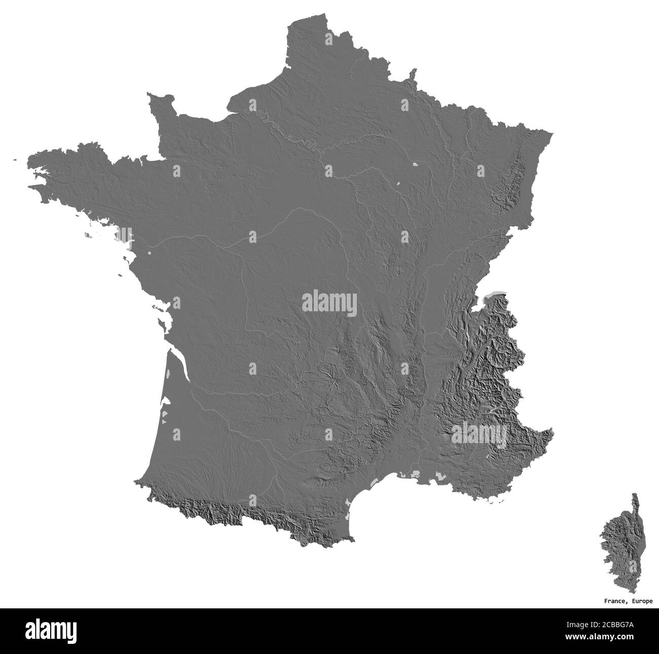Shape of France with its capital isolated on white background. Bilevel ...