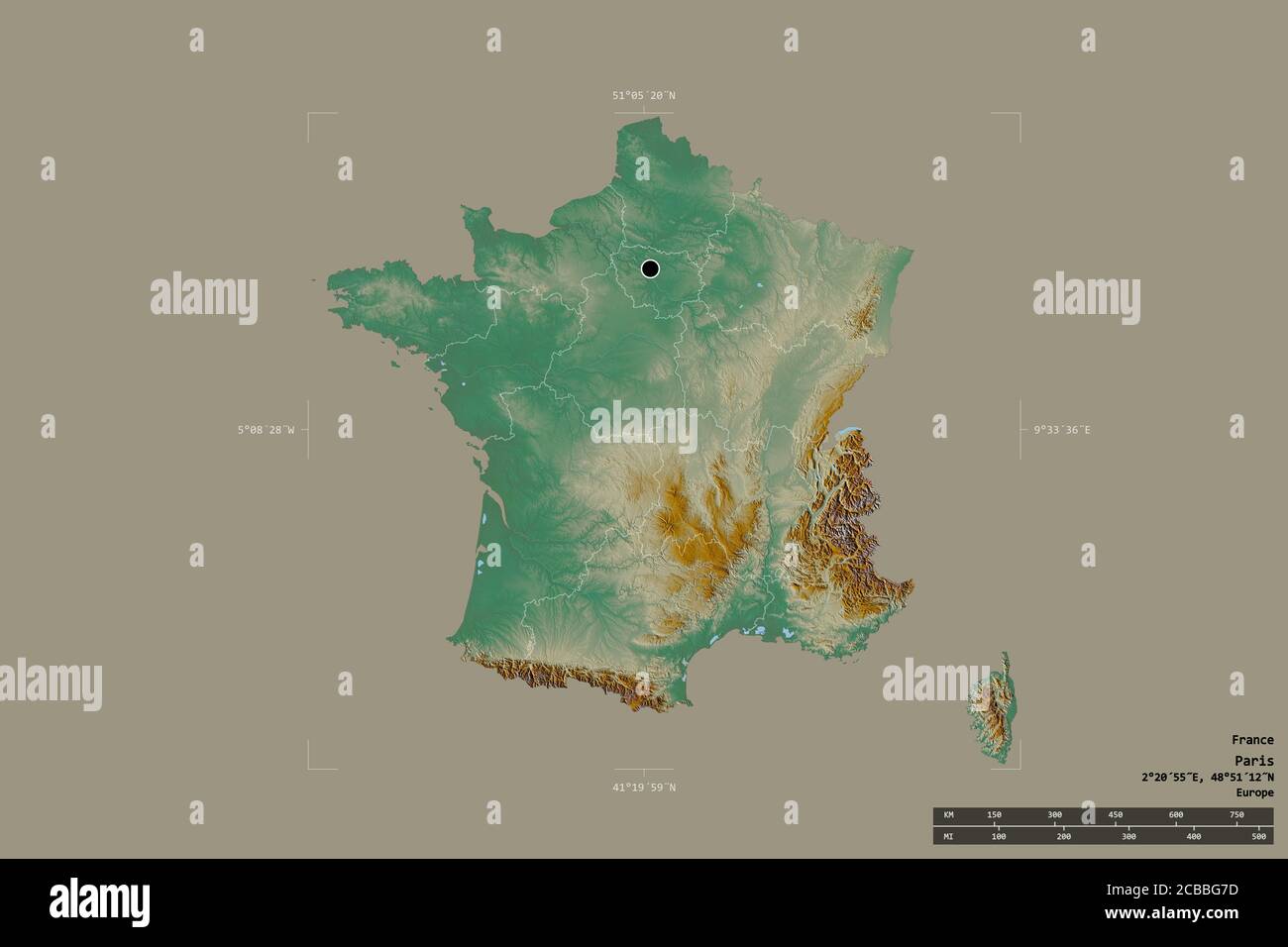 Area of France isolated on a solid background in a georeferenced ...