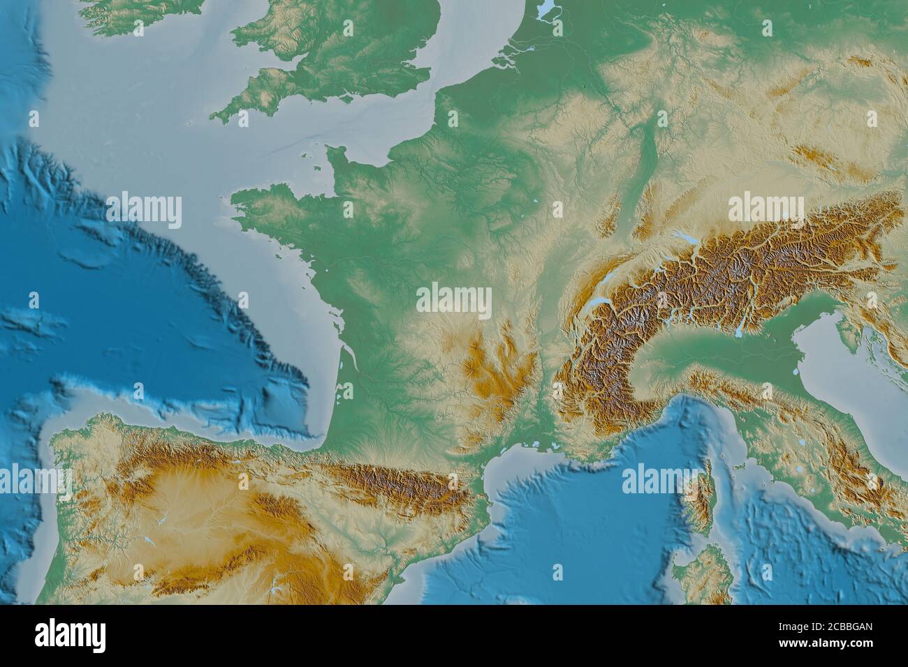 Extended area of France. Topographic relief map. 3D rendering Stock ...