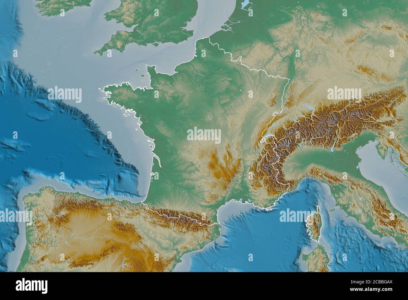 Extended area of outlined France. Topographic relief map. 3D rendering ...