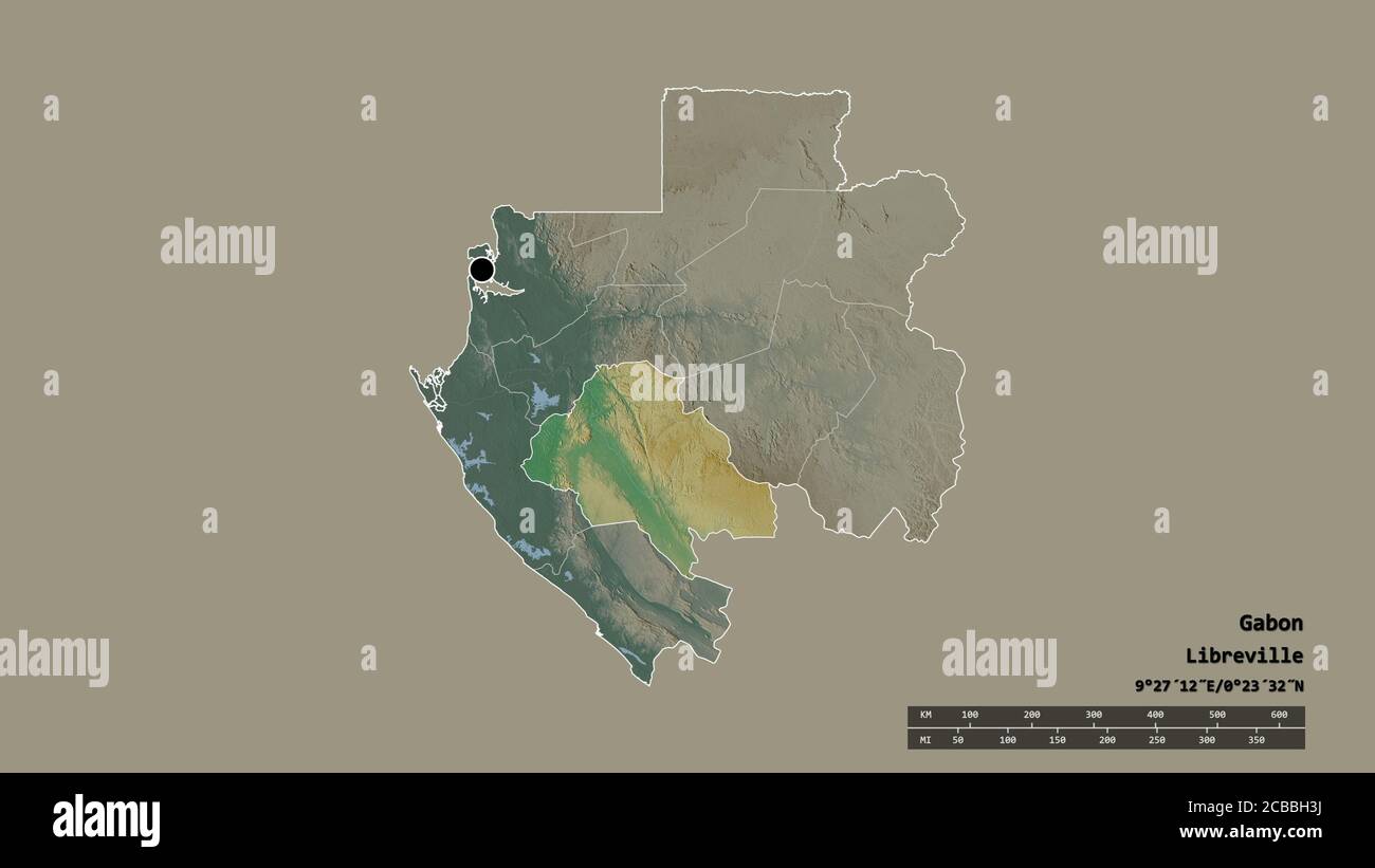 Desaturated shape of Gabon with its capital, main regional division and ...