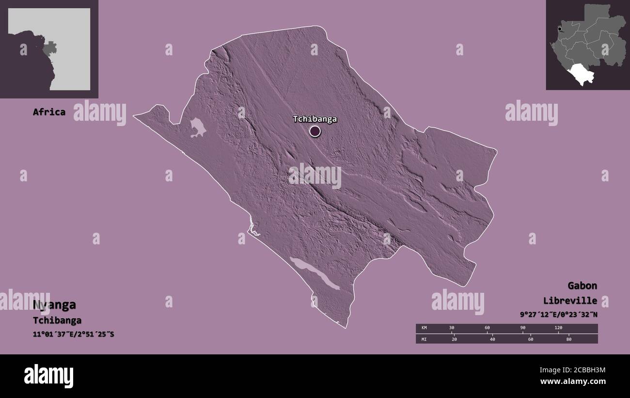 Shape of Nyanga, province of Gabon, and its capital. Distance scale ...