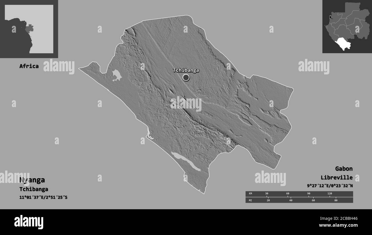 Shape of Nyanga, province of Gabon, and its capital. Distance scale ...