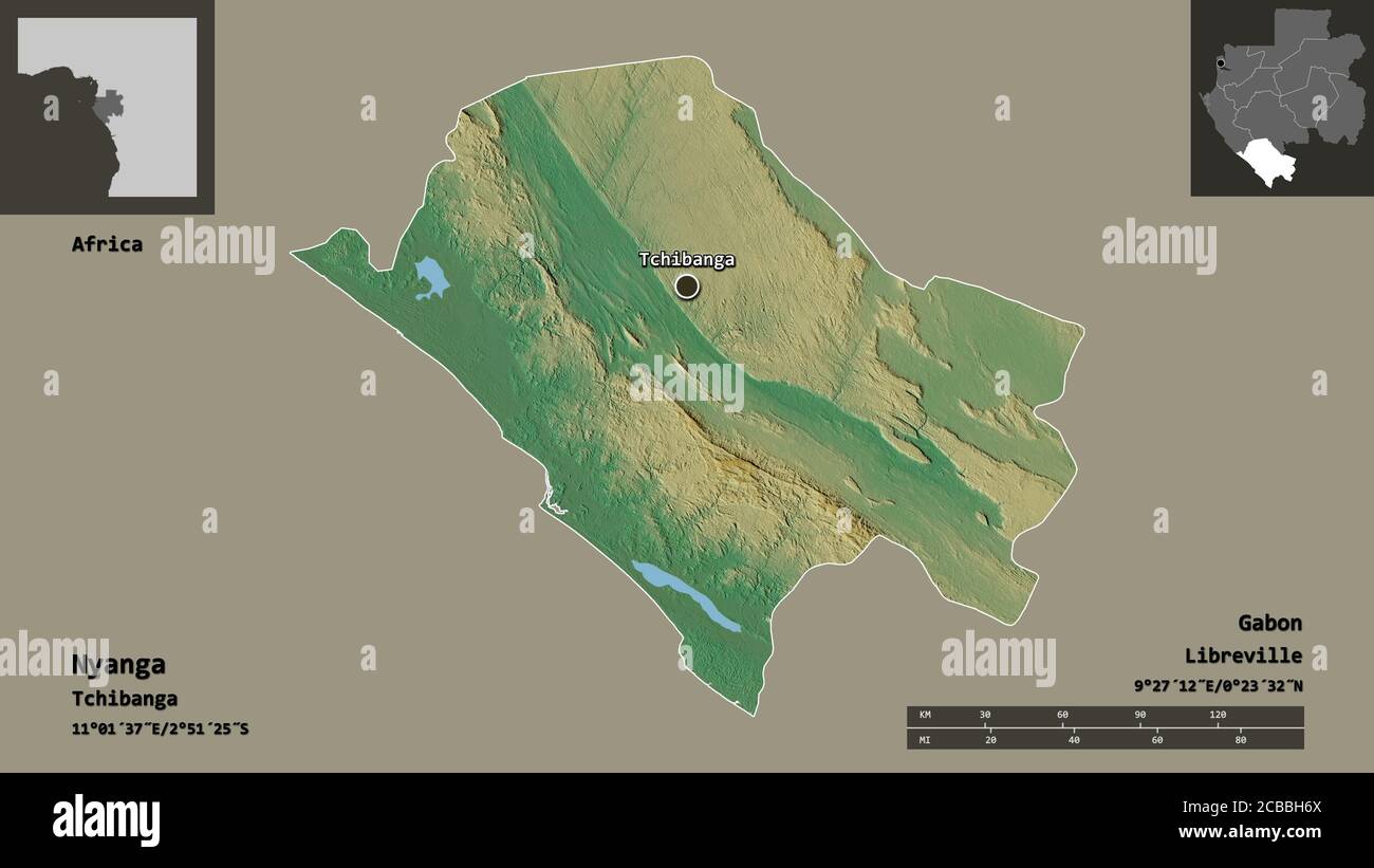 Shape of Nyanga, province of Gabon, and its capital. Distance scale ...