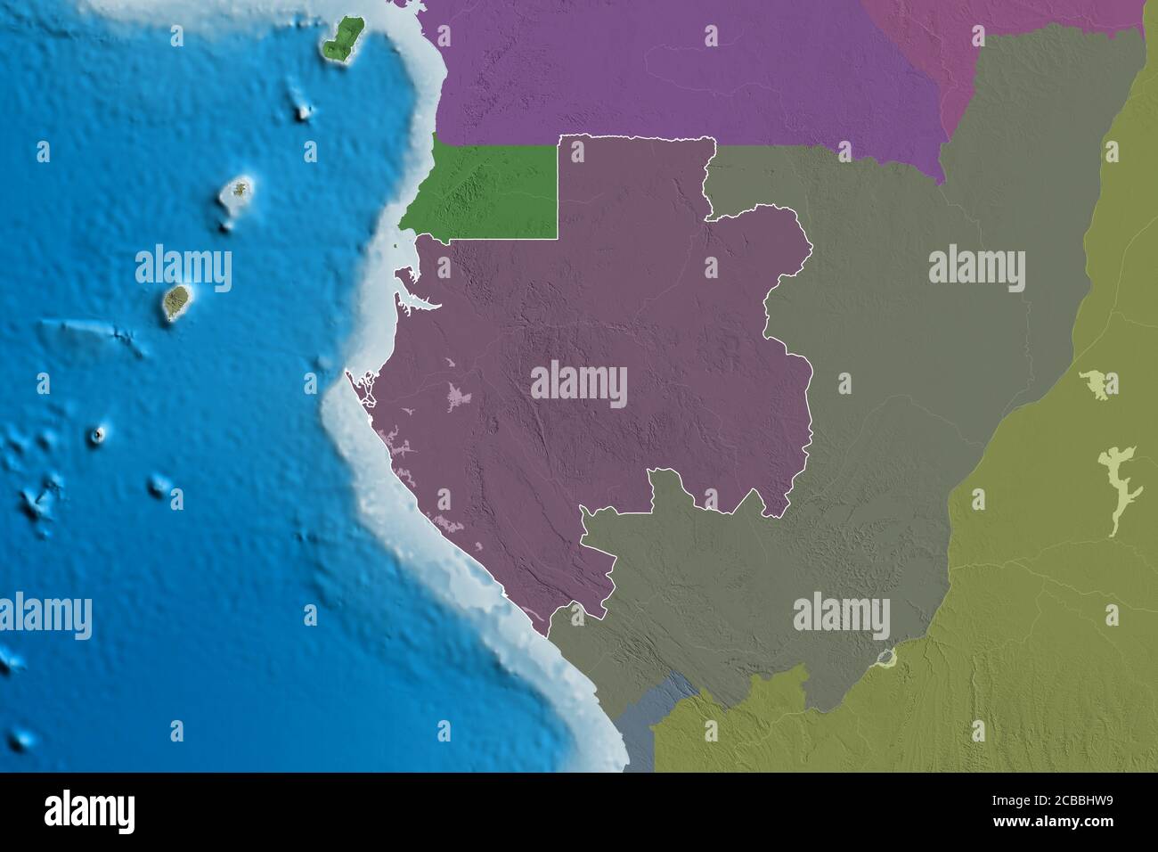 Extended area of outlined Gabon. Colored elevation map. 3D rendering ...