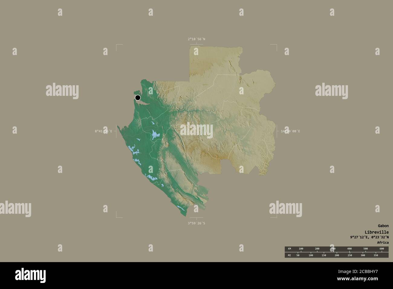 Area of Gabon isolated on a solid background in a georeferenced ...