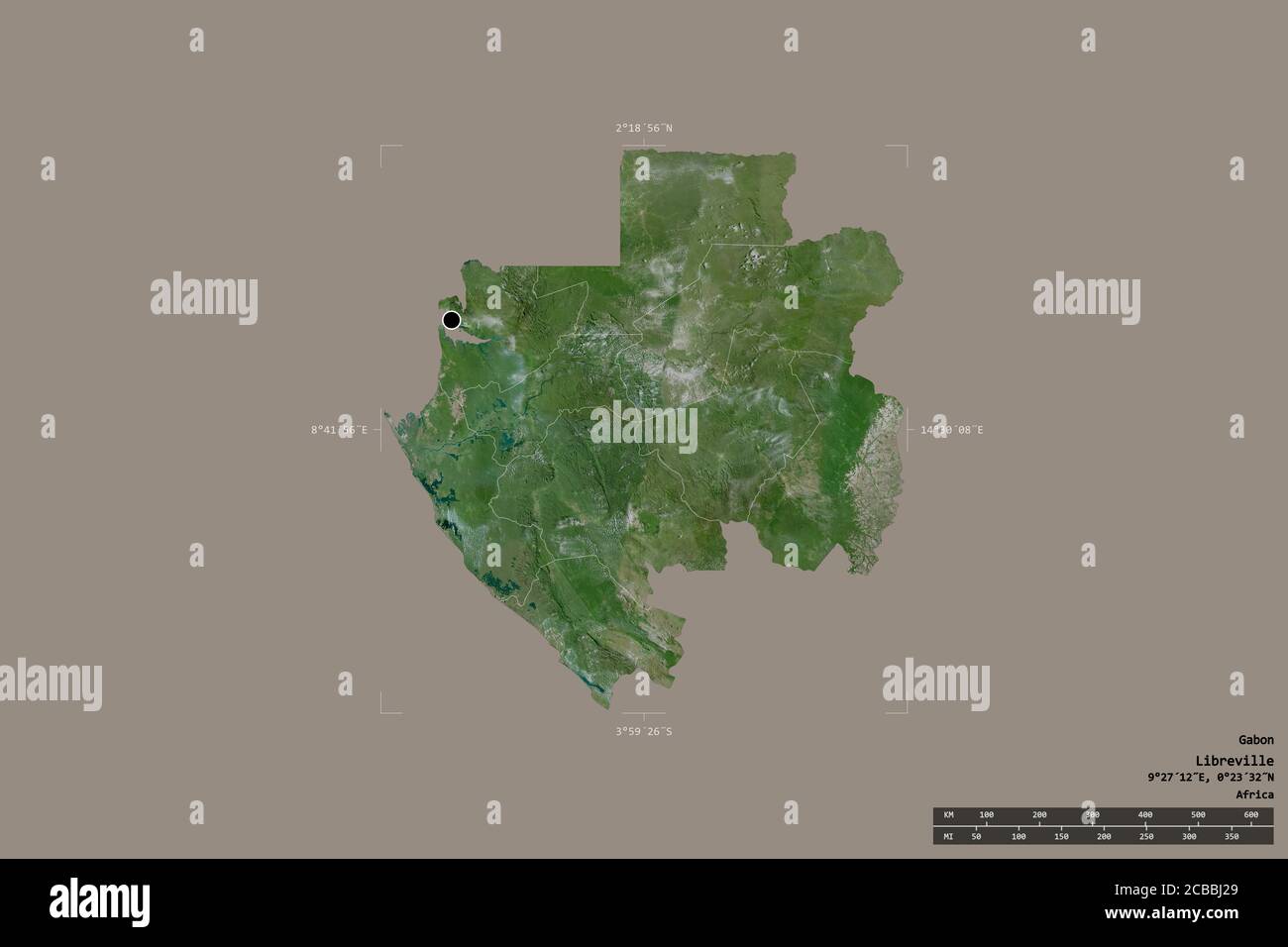 Area of Gabon isolated on a solid background in a georeferenced ...