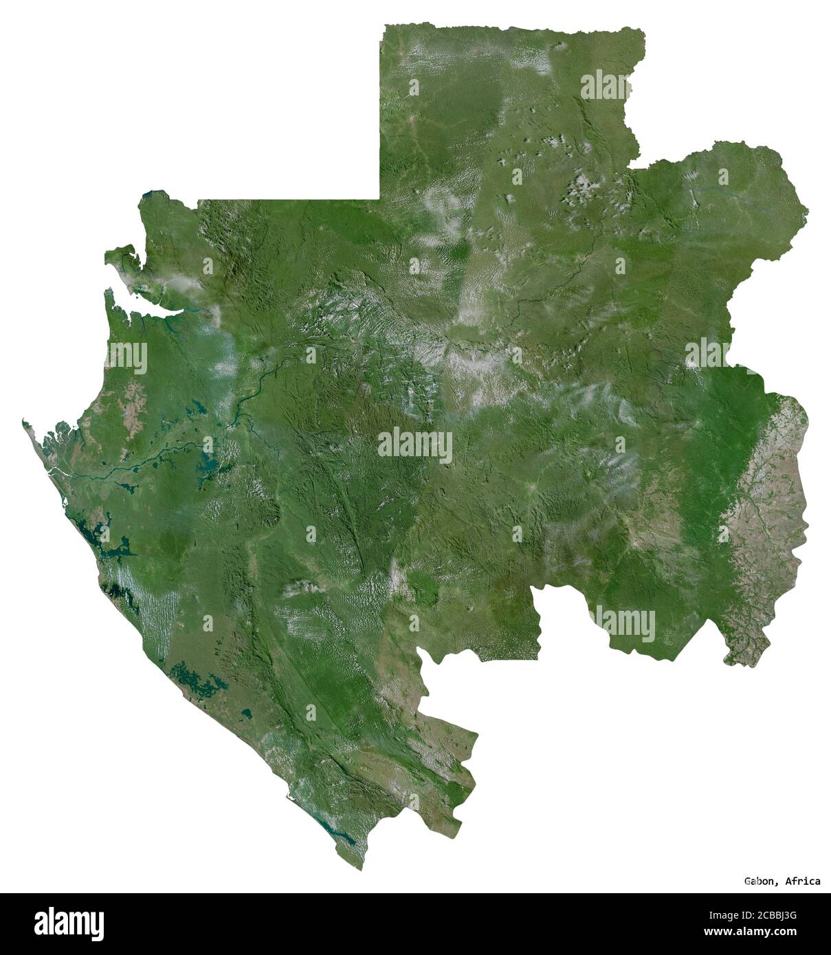 Shape of Gabon with its capital isolated on white background. Satellite ...