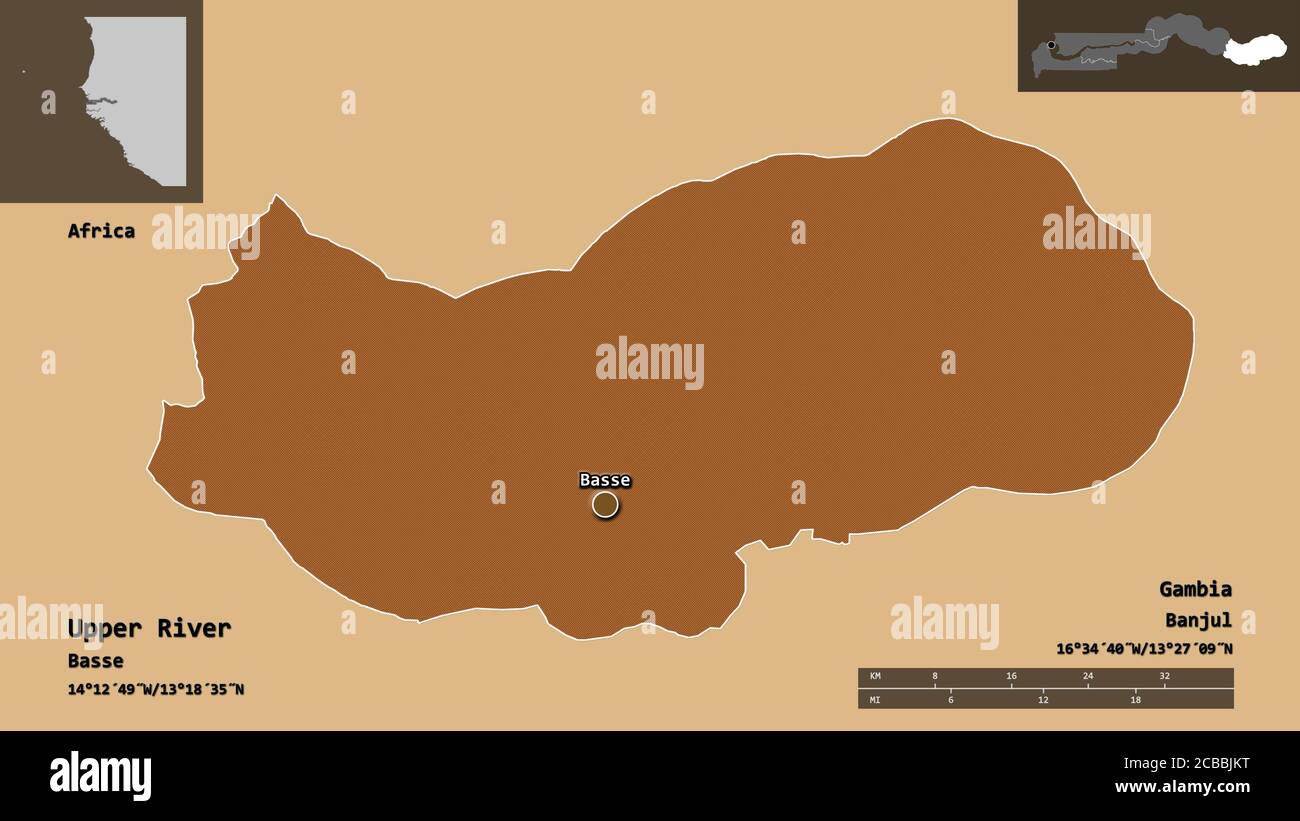 Shape of Upper River, division of Gambia, and its capital. Distance ...