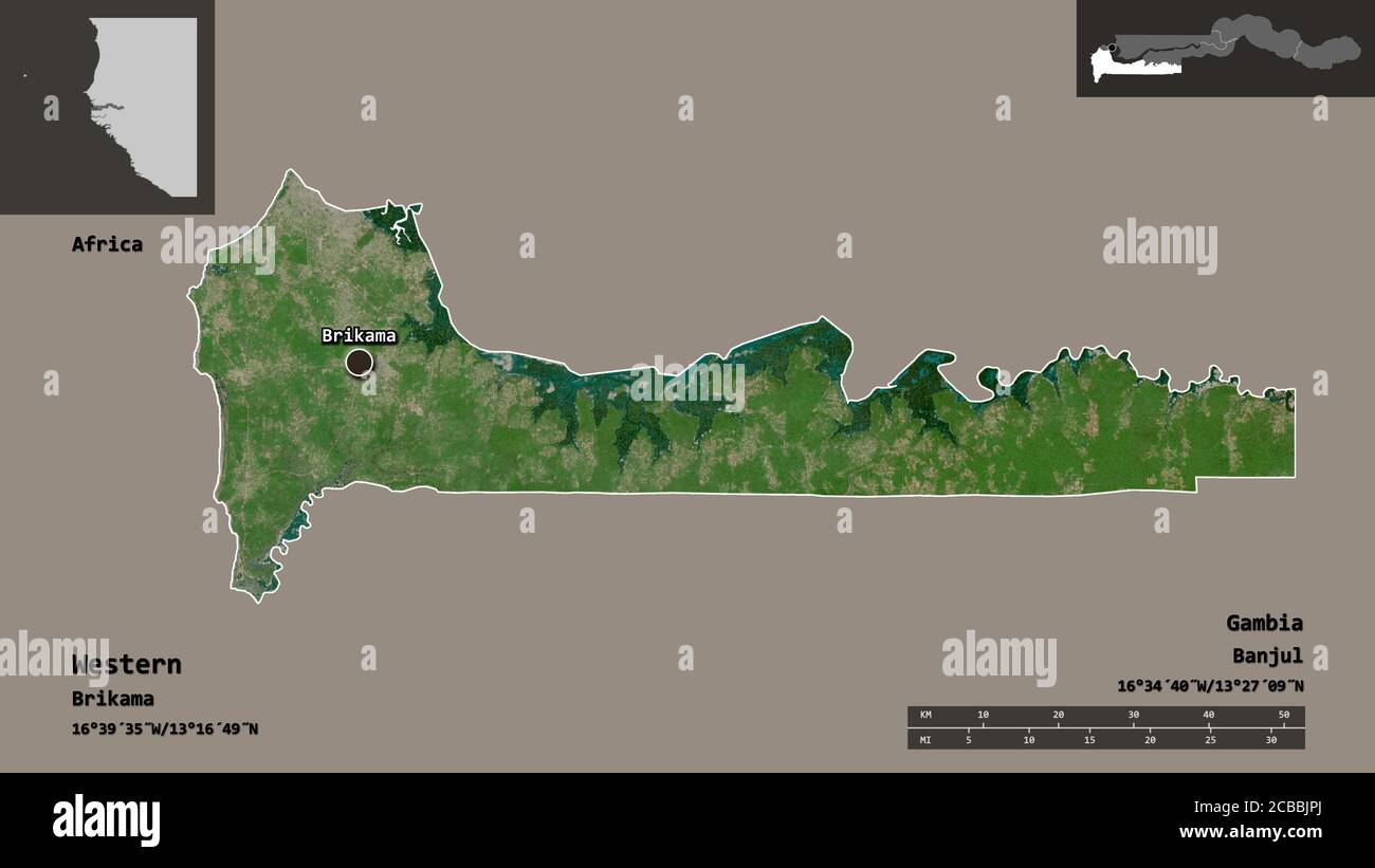 Shape of Western, division of Gambia, and its capital. Distance scale ...