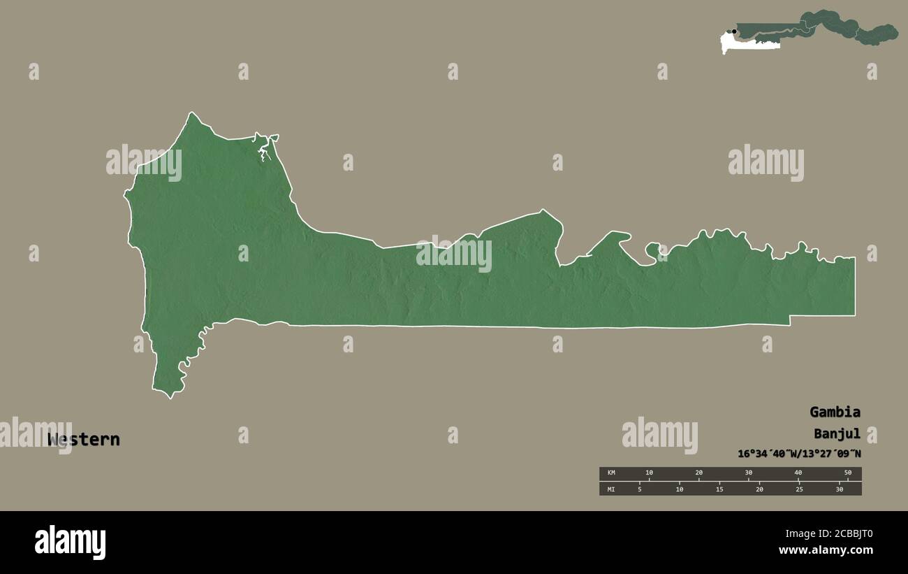 Shape of Western, division of Gambia, with its capital isolated on ...