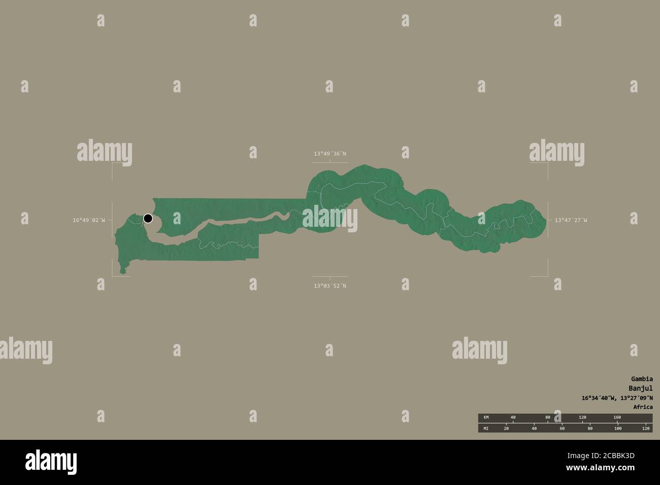 Area of Gambia isolated on a solid background in a georeferenced ...