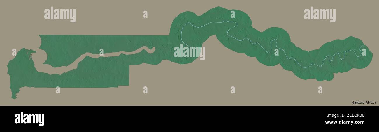 Shape of Gambia with its capital isolated on a solid color background ...